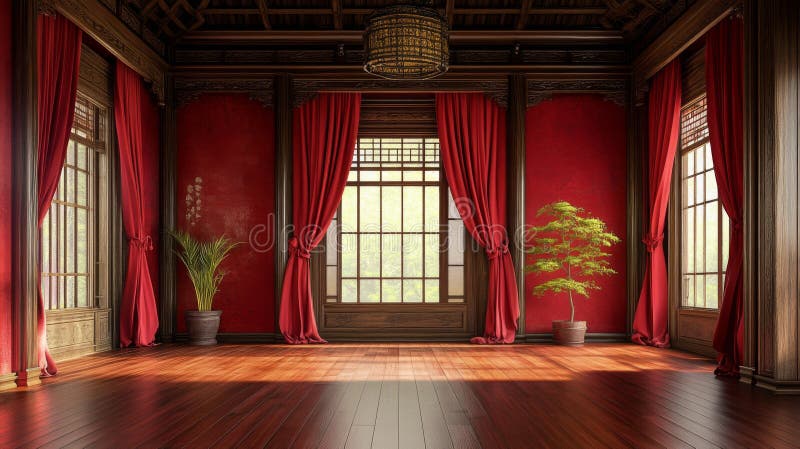 Empty Red Room with Large Windows and Wooden Floor Stock Illustration ...