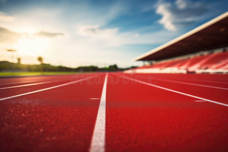 Empty Red Running Track with White Lines in a Sunlit Stadium. Stock ...