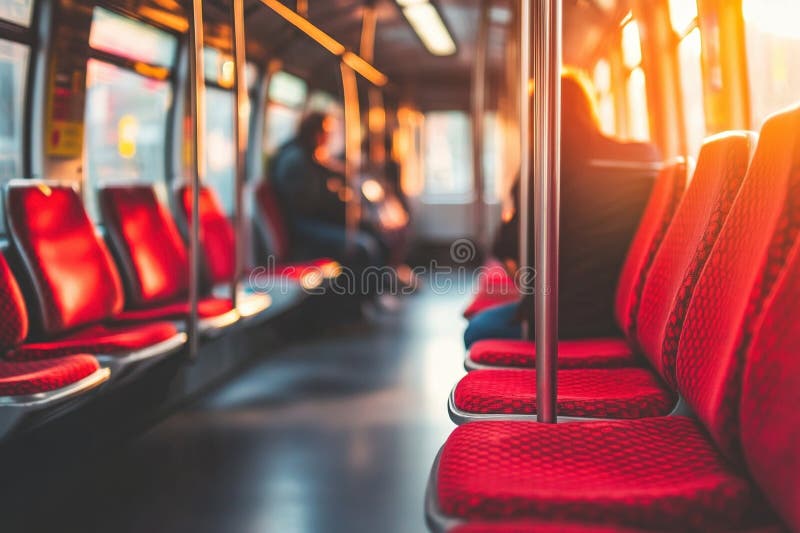 Empty Red-seated Train Interior with Passengers at Sunset Stock Image ...