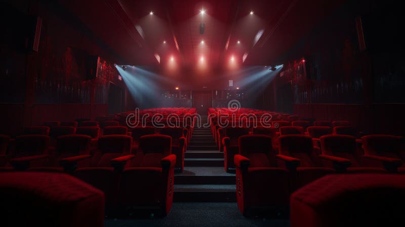 Empty Red Seating Cinema Hall with Dim Lighting, Dramatic Atmosphere ...