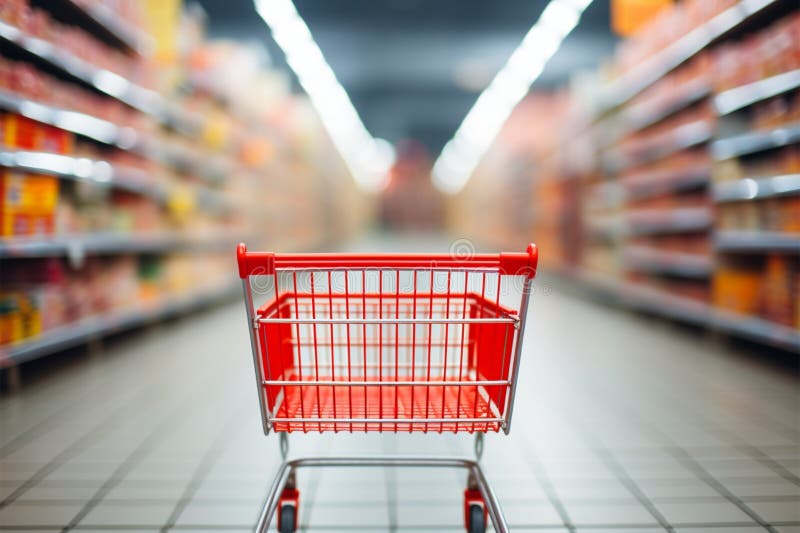 An Empty Red Shopping Cart in a Blurred Supermarket Aisle Backdrop ...