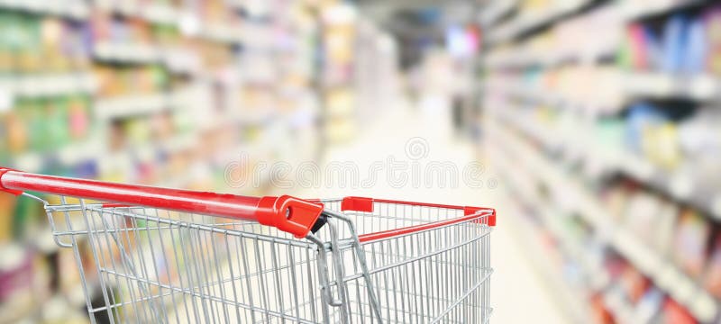 Empty Red Shopping Cart in Supermarket Aisle Stock Image - Image of ...
