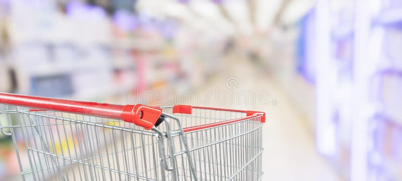 Empty Red Shopping Cart in Supermarket Aisle Stock Photo - Image of ...