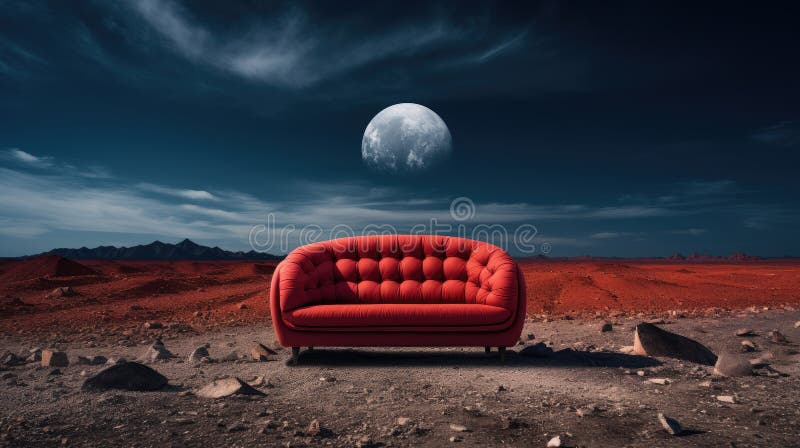Empty Red Sofa on the Surface of Alien Planet with a View of Space ...