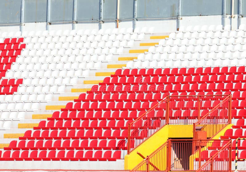 Empty Red and White Seats in the Stadium Stands without People and ...