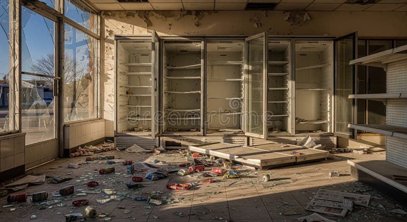 Empty Refrigerators and Trash in an Abandoned Convenience Store Stock ...