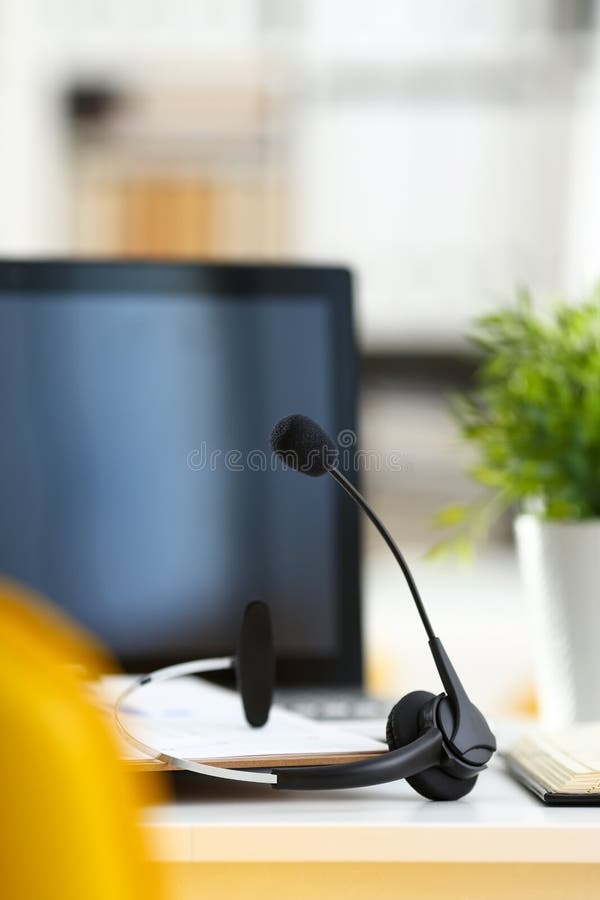 Empty Remote Office Workplace with Laptop and Headset Stock Image ...