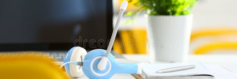 Empty Remote Office Workplace with Laptop and Headset Stock Photo ...