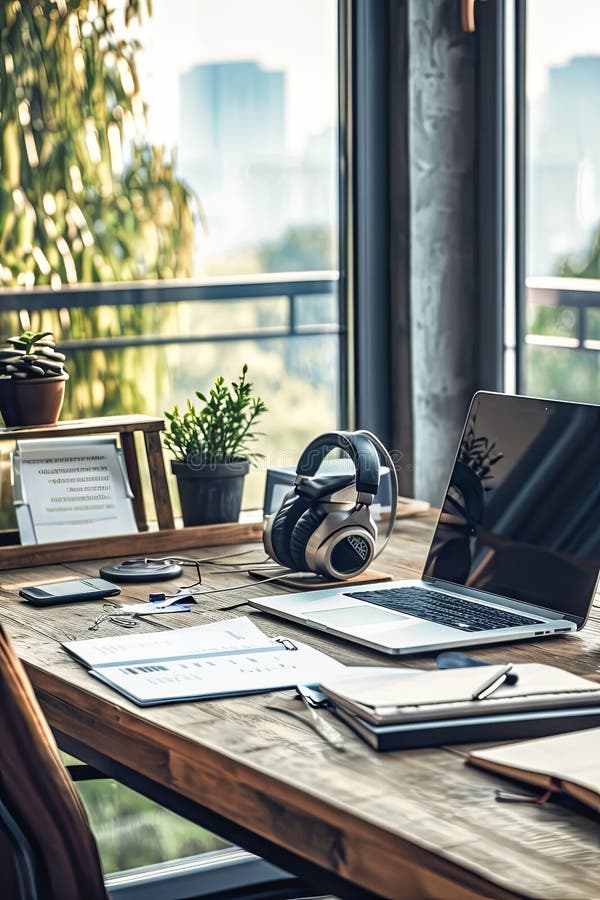 Empty Remote Office Workplace with Phone and Laptop Stock Image - Image ...