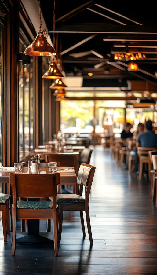 Empty Restaurant Interior, Wooden Tables, Chairs, Copper Pendant Lights ...
