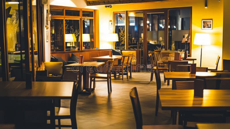 An Empty Restaurant Interior with Wooden Tables, Chairs, and Lamps ...