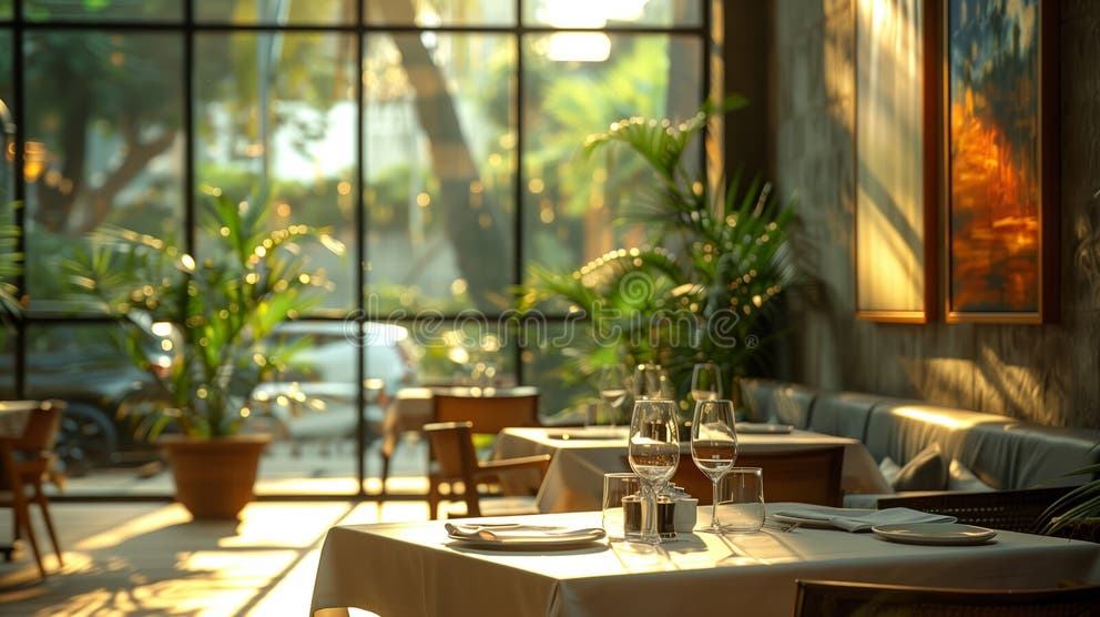 Empty Restaurant Table Set for Dinner with Window View and Sunlight ...