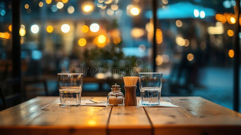 Empty Restaurant Table Set for Two, Night Scene Stock Photo - Image of ...