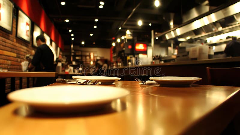 Empty Restaurant Tables, Kitchen Activity, Brick Wall, Night Stock ...
