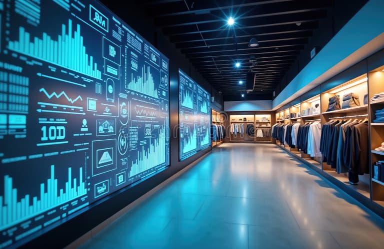 Empty Retail Corridor. Tech Data Visualizations Projected on Walls ...