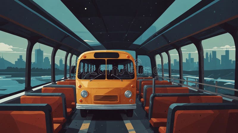 Empty Retro Bus Interior with Orange Seats and City Skyline in ...
