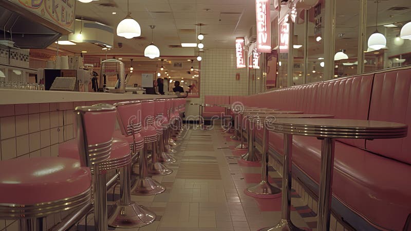 Empty Retro Diner, Pink Booths, Tables, and Stools, Classic American ...