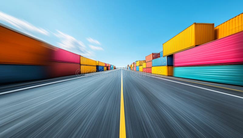 Empty Road between Colorful Cargo Containers Under a Clear Blue Sky in ...
