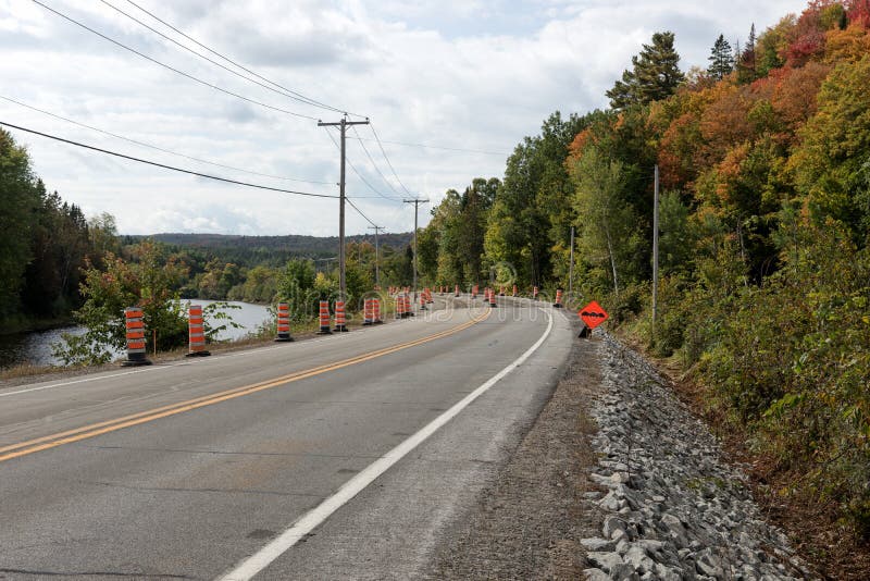 Empty Road with Cones Closed Off for Construction Work Stock Photo ...