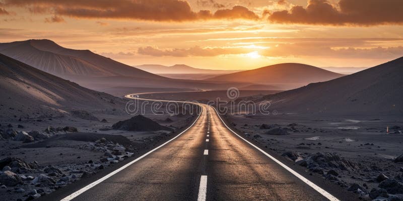Empty Road Extends through Volcanic Landscape at Sunset. Stock Photo ...