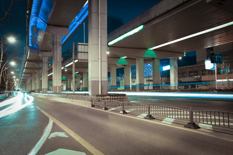 Empty Road Floor with City Elevated Bridge of Night Stock Photo - Image ...