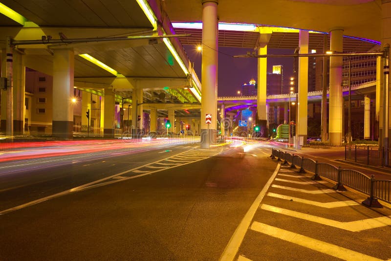 Empty Road Floor with City Elevated Bridge of Night Stock Photo - Image ...