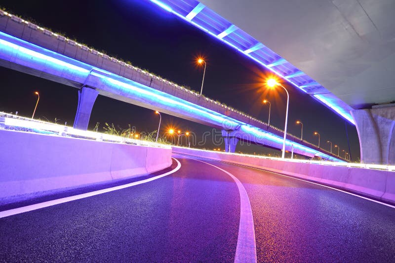 Empty Road Floor with City Viaduct Bridge of Neon Lights Night Stock ...