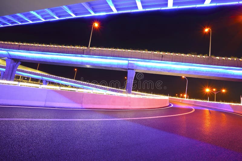 Empty Road Floor with City Viaduct Bridge of Neon Lights Night Stock ...