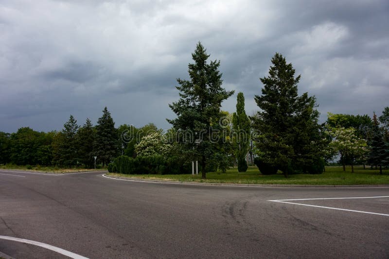 An Empty Road Intersection and Trees Growing Along it in a Gloomy ...