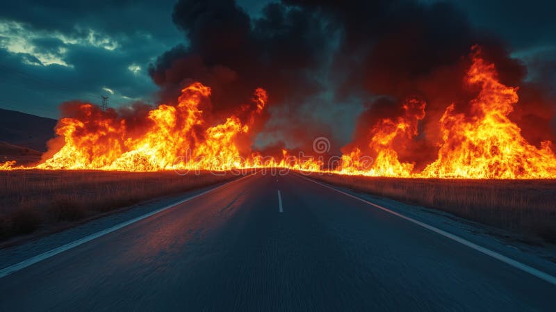 Empty Road with Large Fires Burning on Both Sides. Stock Illustration ...