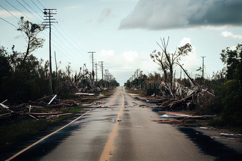 Empty Road Littered with Debris and Fallen Trees after Aftermath ...