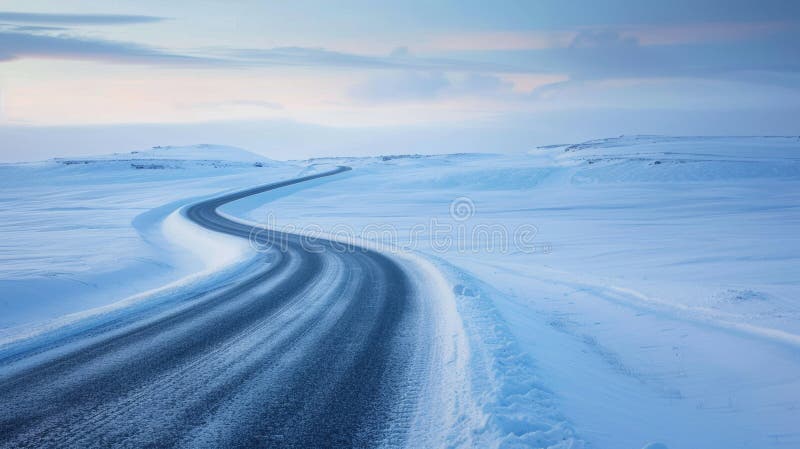 An Empty Road Long Straight Snowy Road Under a Clear Blue Sky Stock ...
