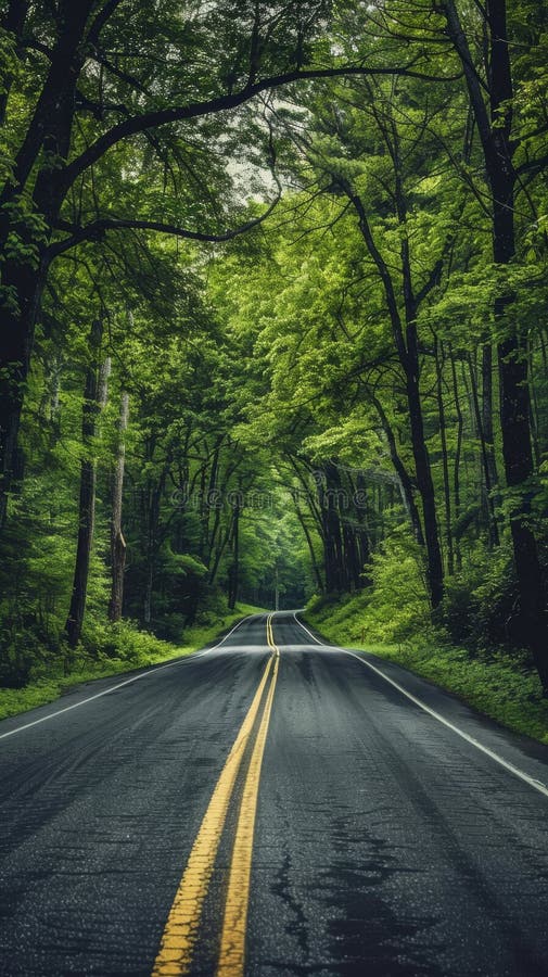 Empty Road through Lush Green Forest, Curved Pathway. Nature and ...