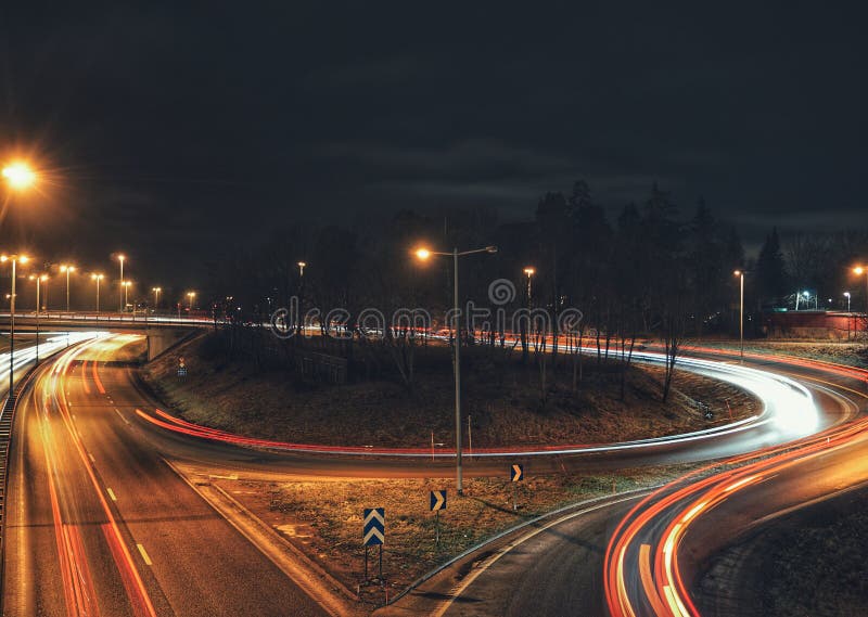 Light Trails on Roads at Night in Sweden Stock Image - Image of roads ...