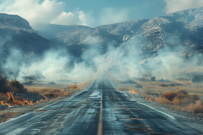 An Empty Road Shrouded in Smoke and Fire, the View from a Car Window ...