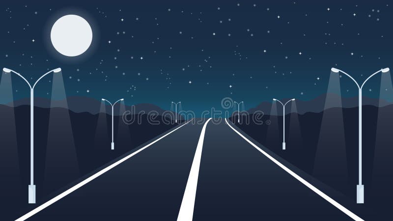 Empty Road at Starry Moonlit Night Flat Vector Illustration Stock ...