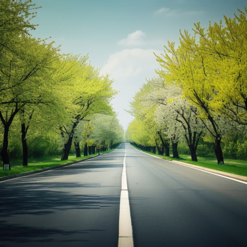 Empty Road Surrounded by Trees and Grass Stock Illustration ...