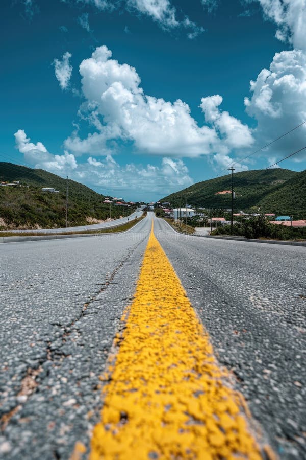 Empty Road with Yellow Line Stock Photo - Image of infrastructure ...