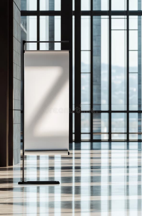 Empty Roll-up Banner in Modern Bright Office Space with Large Windows ...