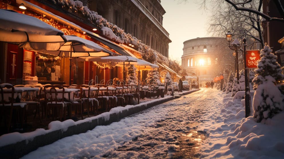 Empty Rome Street View at Snow Dawn Stock Image - Image of climate ...