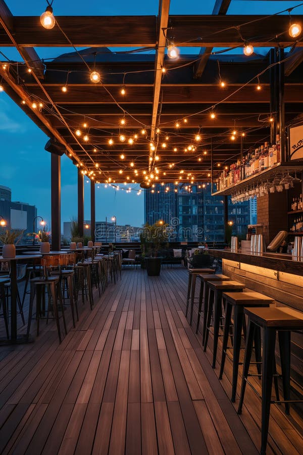 Empty Rooftop Bar at Dusk with String Lights Illuminating the Space ...