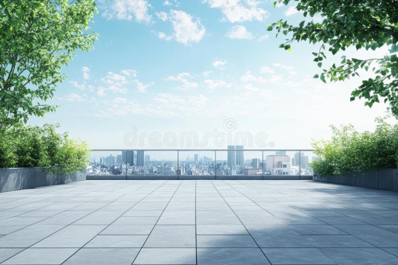 Empty Rooftop Overlooks City Skyline with Greenery and Urban Views ...