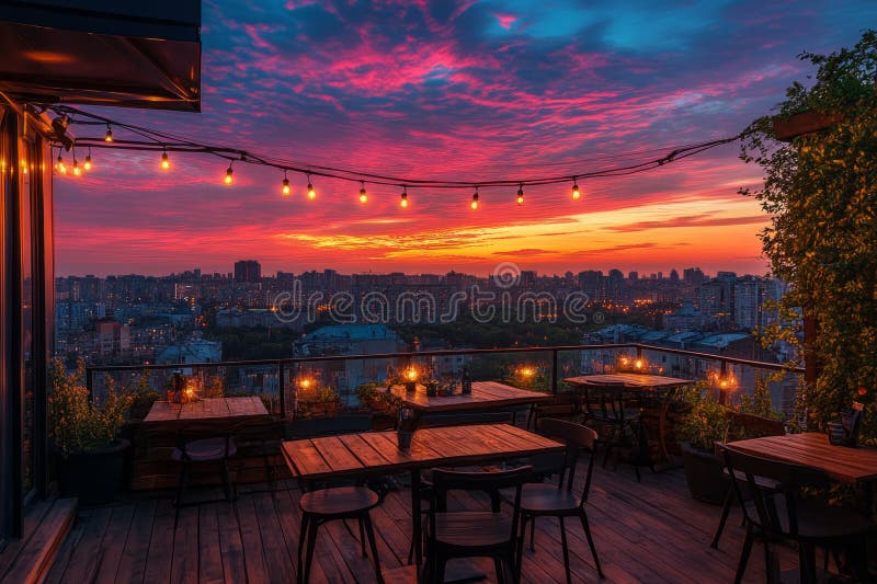 Empty Rooftop Restaurant with City Skyline at Sunset Stock Photo ...