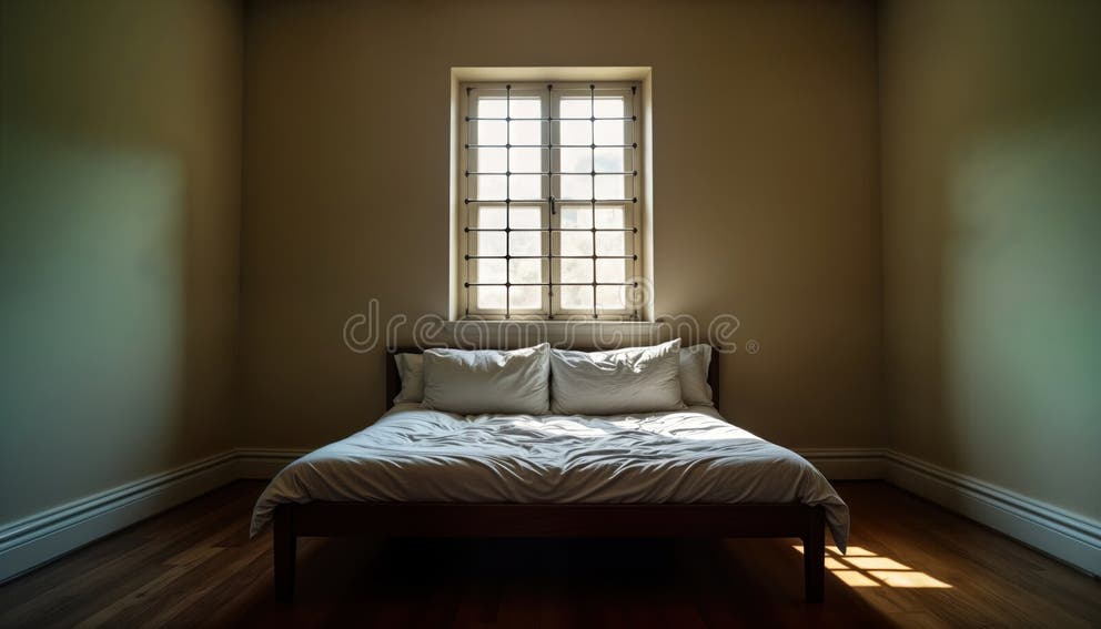 Empty Room with Bed, Barred Window. Sunlight Falls on Floor. Simple Interior Design. Quiet Space ...