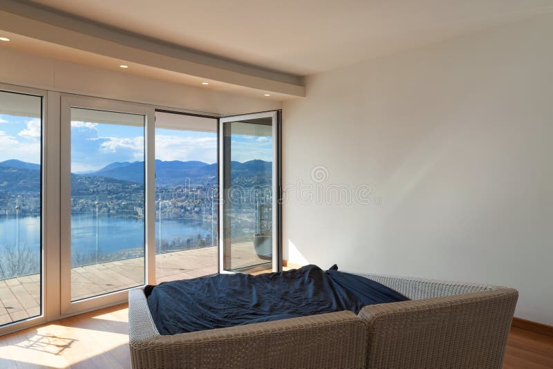 Empty room with a bed stock photo. Image of open, view - 69565224