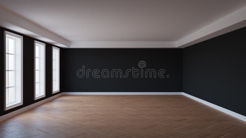 Empty Room with Black Walls, White Ceiling and Cornice, Three Large ...