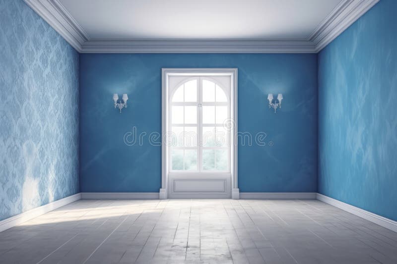 Empty Room with Blue Patterned Walls. White Ceiling. Gray Parquet Floor ...