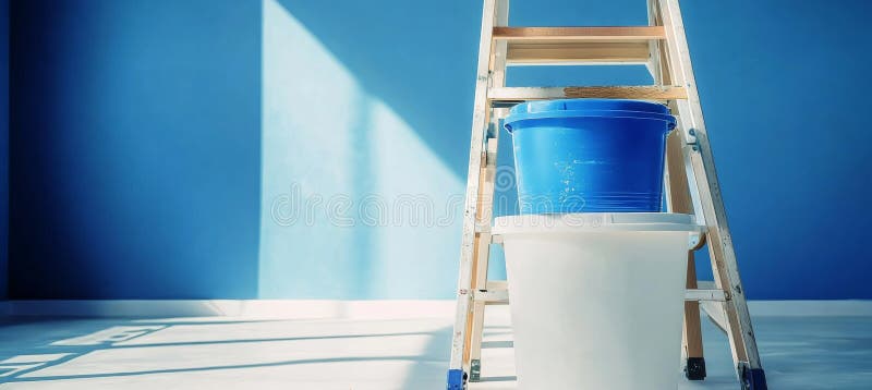 Empty Room with Blue Wall, Paint Buckets, and Ladder Home Renovation Concept with Copy Space ...
