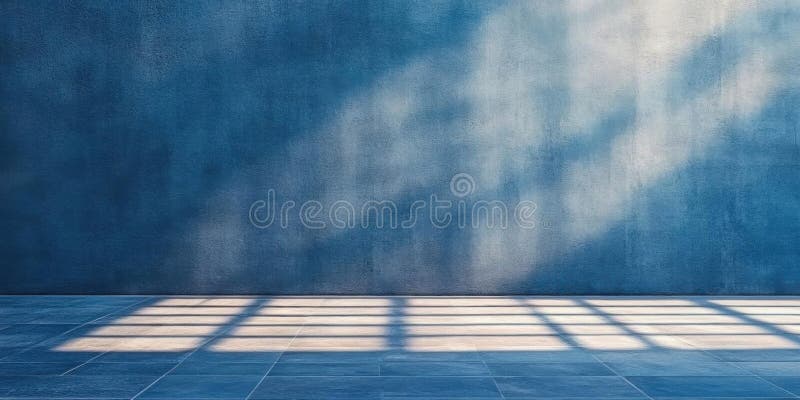 Empty Room with Blue Wall and Tiled Floor, Sunlit Interior Space ...