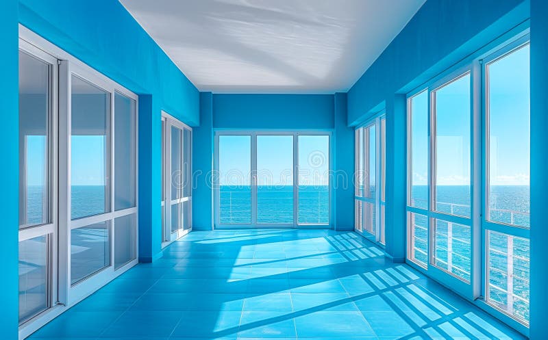 Empty Room with Blue Walls and Floor. Windows Overlooking the Sea Stock ...